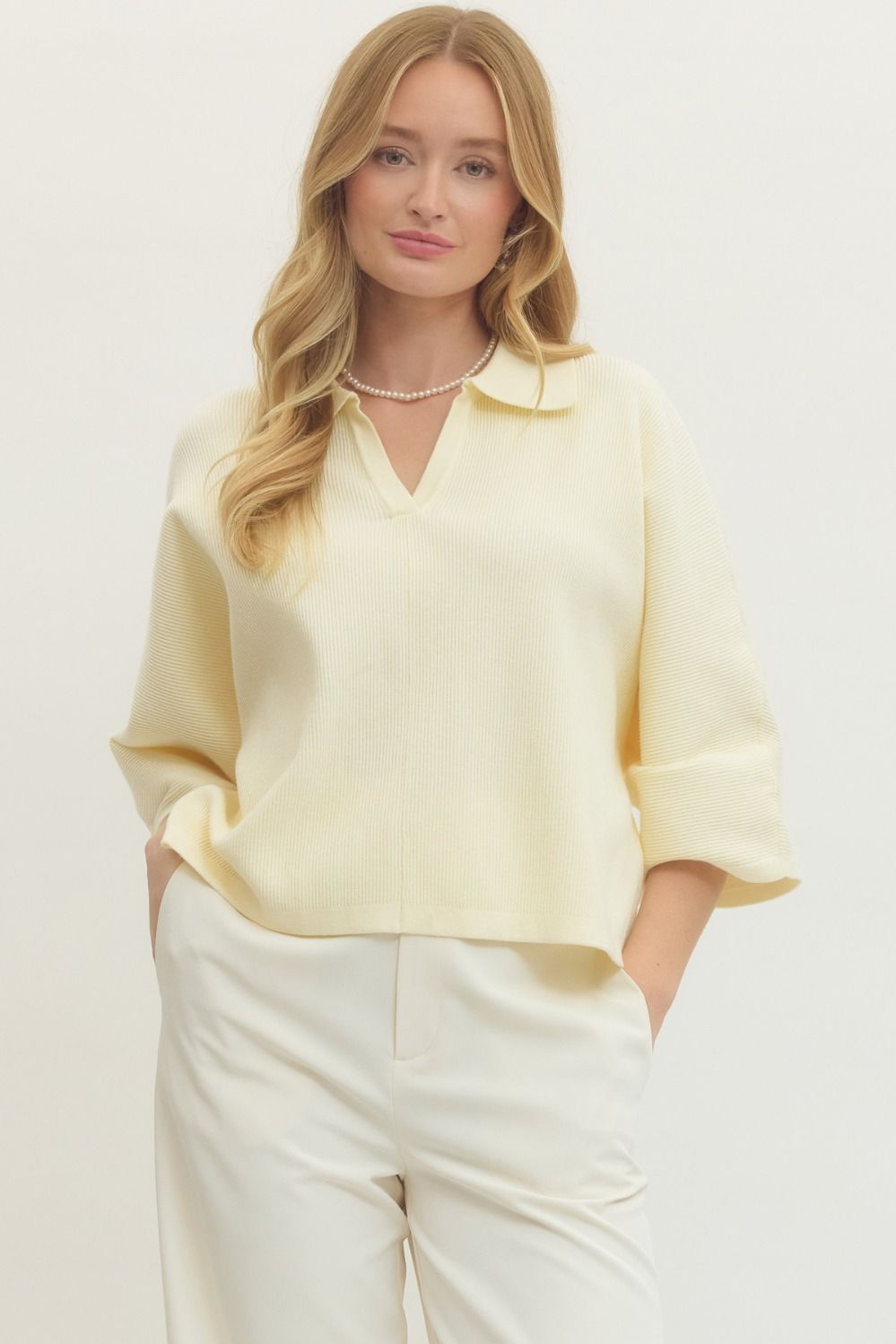 Butter Yellow 3/4 Sleeve Collared Easy Top – The Red Raccoon