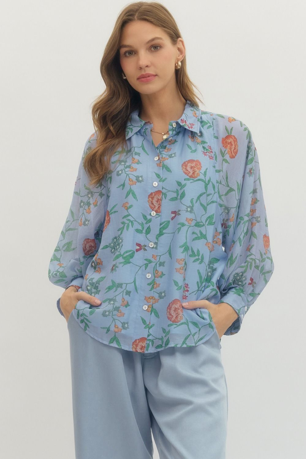 Blue Floral Print Button Front Long Sleeve – The Red Raccoon