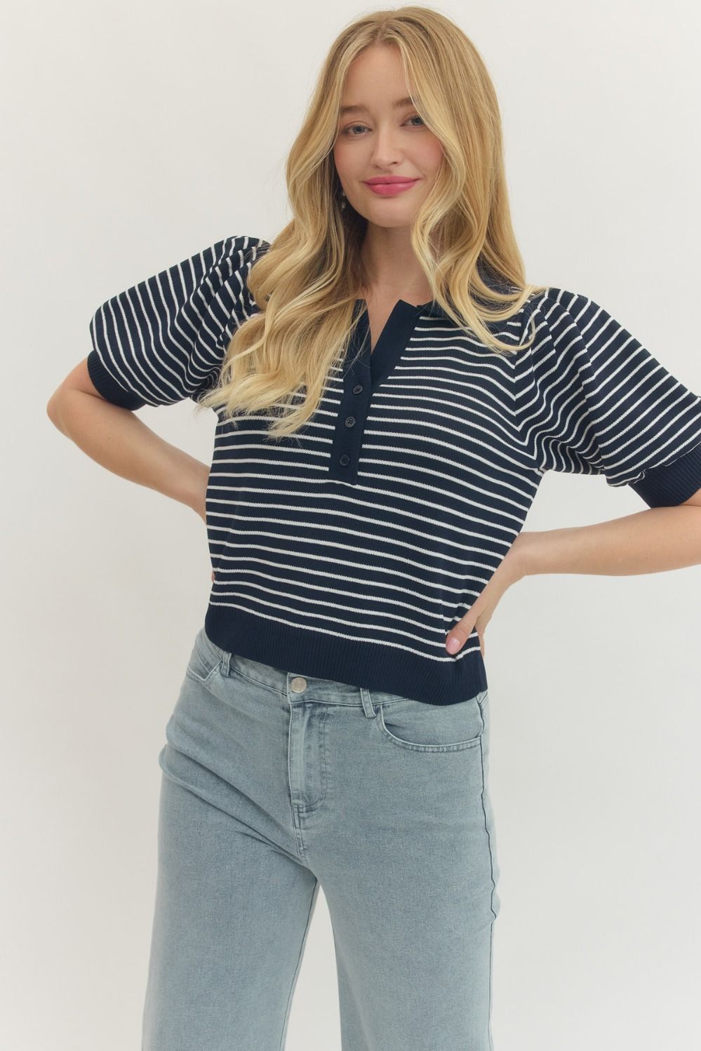 Navy + White Short Sleeve Stripe Puff Top – The Red Raccoon